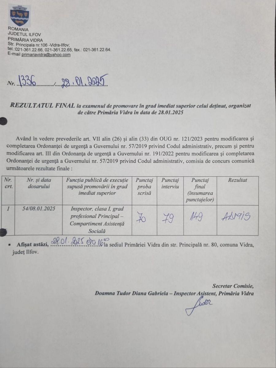 REZULTATUL FINAL la concursul de recrutare organizat de catre Primaria ...